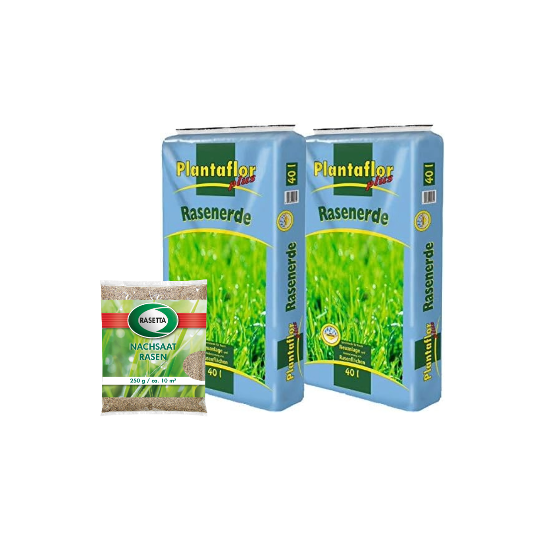 80L Plantaflor Rasenerde, plus 250g Rasetta Rasensamen, Nachsaat, Idea ...